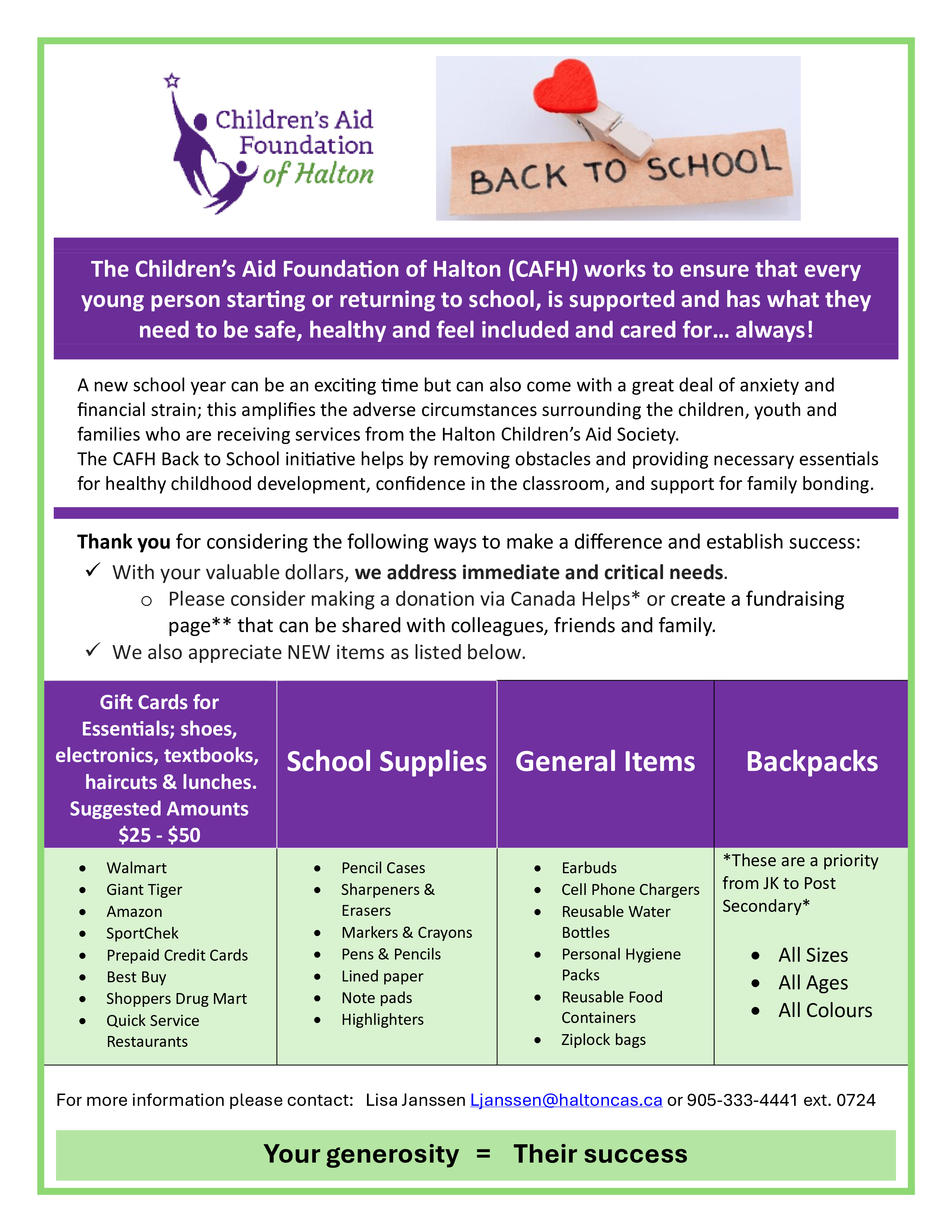 Back to School - Children's Aid Foundation of Halton
